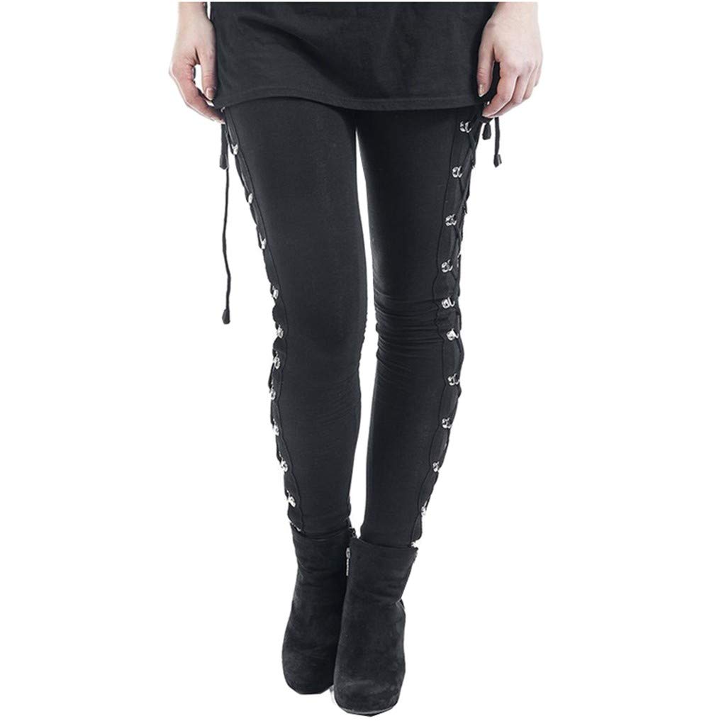 Mimacoo Womens Gothic Leggings Autumn Fashion Cool Trousers Strap Design Pants Solid Color Leggings Black