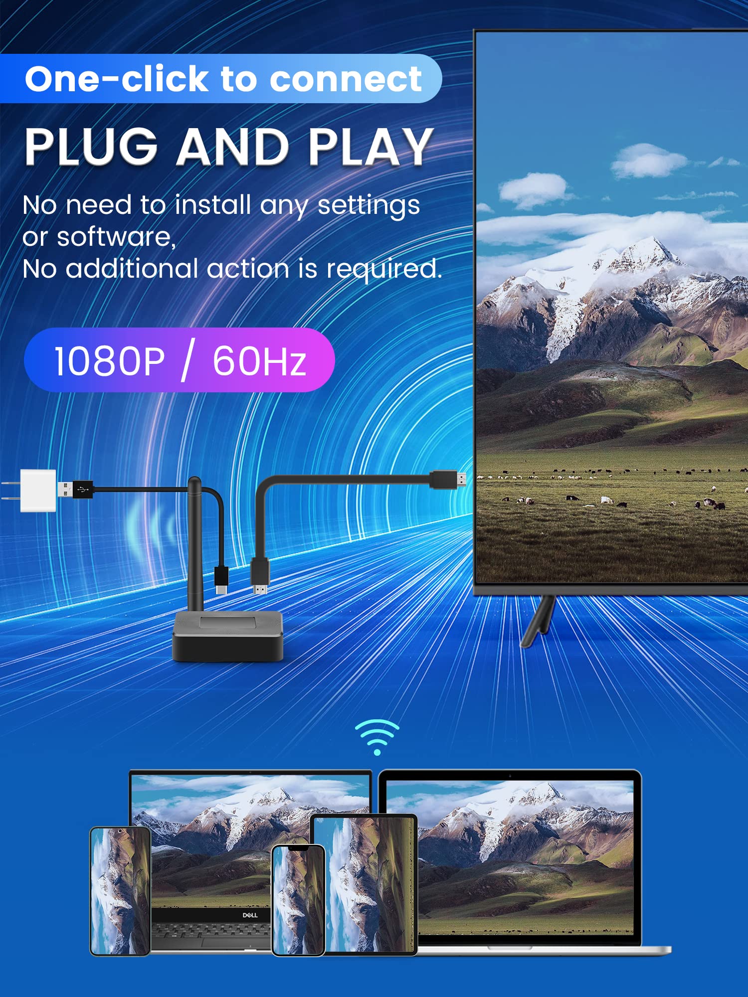 Renkchip Wireless HDMI Display Adapter dongle, 1080P/60Hz Real-time Transmission, No Setup or APP Required, Compatible with Android, iOS, Windows and MacOS