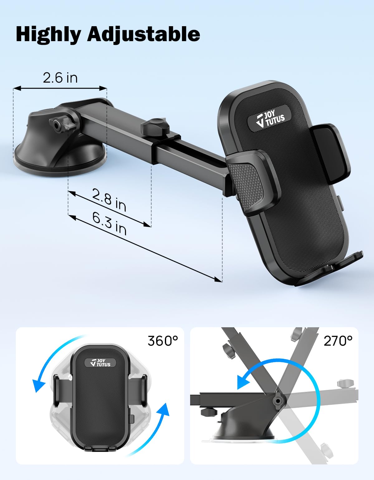 JOYTUTUS Universal Phone Holder Car, [Military-Grade Suction & Stable Clip] Phone Mount for Car Dashboard Windshield Air Vent, Hands-Free Cell Phone Holder Car Fit iPhone Samsung All Smartphones