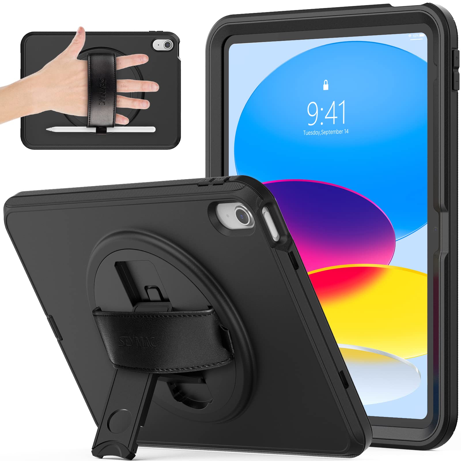 SEYMAC stock Case for iPad 10th Generation 10.9 Inch, Full-Body Case with 360° Rotating Stand & Hand Strap [Pencil Holder] [Touch ID Support] case for iPad 10th Generation 10.9" 2022, Black