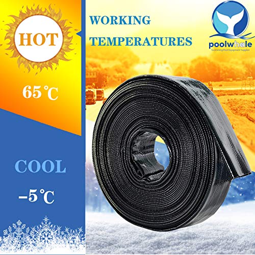 POOLWHALE Heavy Duty 1-1/2" x 100' Thick 1.2mm Black Backwash Pool Hose with Clamp - Flat Water Discharge Hose - Chemical and Weather Resistant - Drain Clean Swimming Pools & Filters