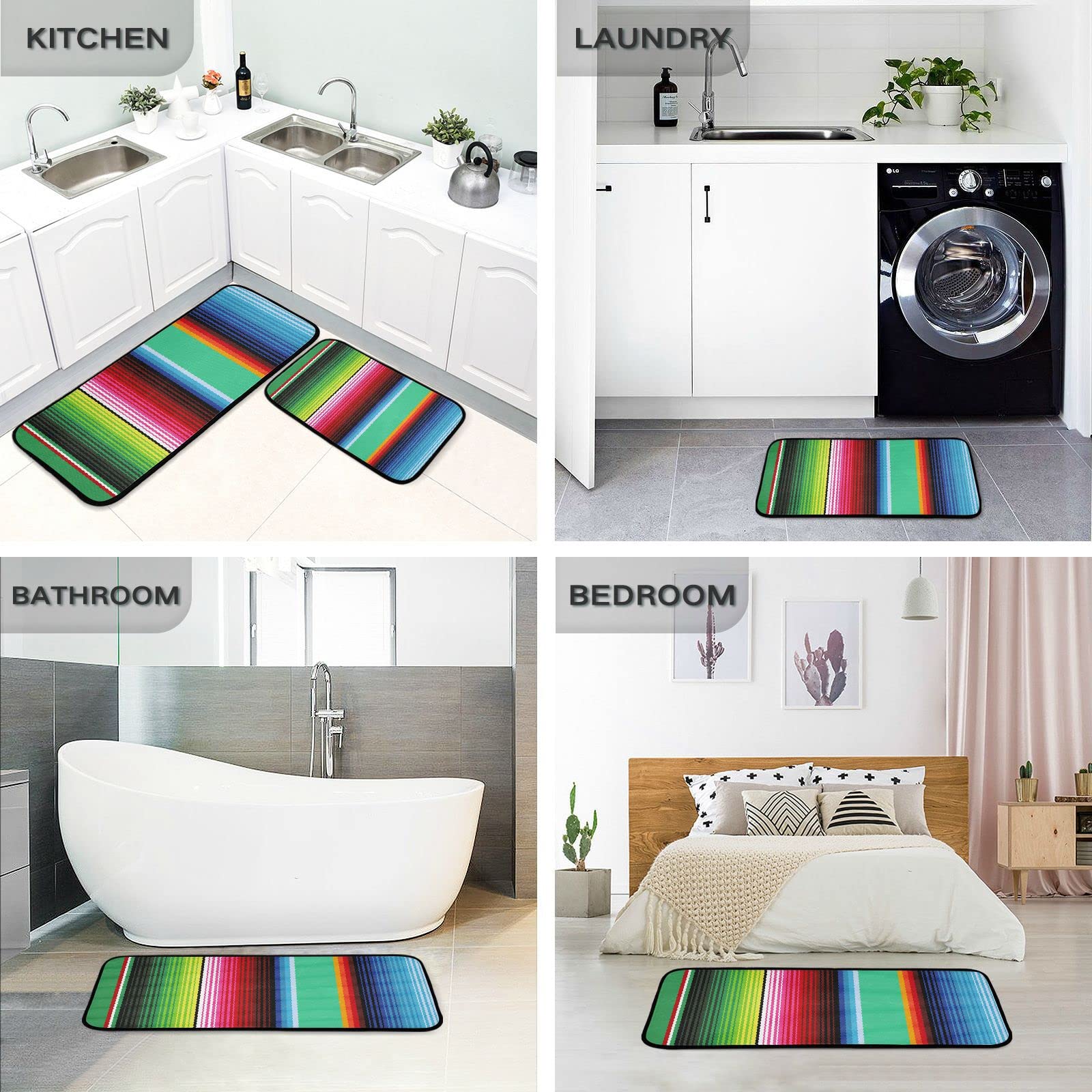 Mexican Serape Blanket Stripes Kitchen Rug Mats 2PCS Non Slip 47" x 20" + 28" x 20" Kitchen Carpet Floor Mat Hallway Rugs Anti Fatigue Doormat