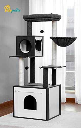 PETEPELA Modern Cat Tree Wood Cat Tower with Storage Cabinet Litter Box Enclosure and Spacious Cat Condo, Large Top Perch and Hammock, Sisal Covered Scratching Posts for Cats Black