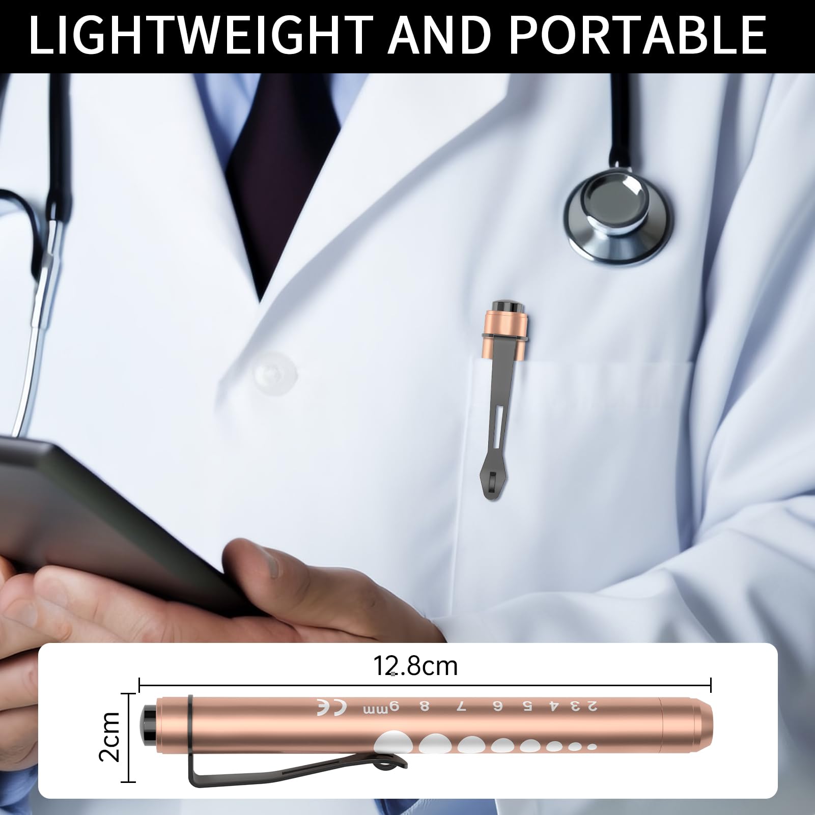 RISEMART Pen Lights for Nurses Reusable Medical Pen Light with Pupil Gauge and Ruler, White Light LED Penlight for Nurse Student Doctors EMT, 2Packs(Gold and White)