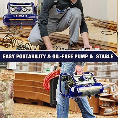 STEALTH Ultra Quiet Portable 1 Gallon Air Compressor, 1/2HP Max 125 PSI, Induction Motor, 0.8 CFM@90PSI, 1.3 CFM@40PSI, Oil-Free Maintenance Free Light Weight Electric Air Tools, SAUQ-1105