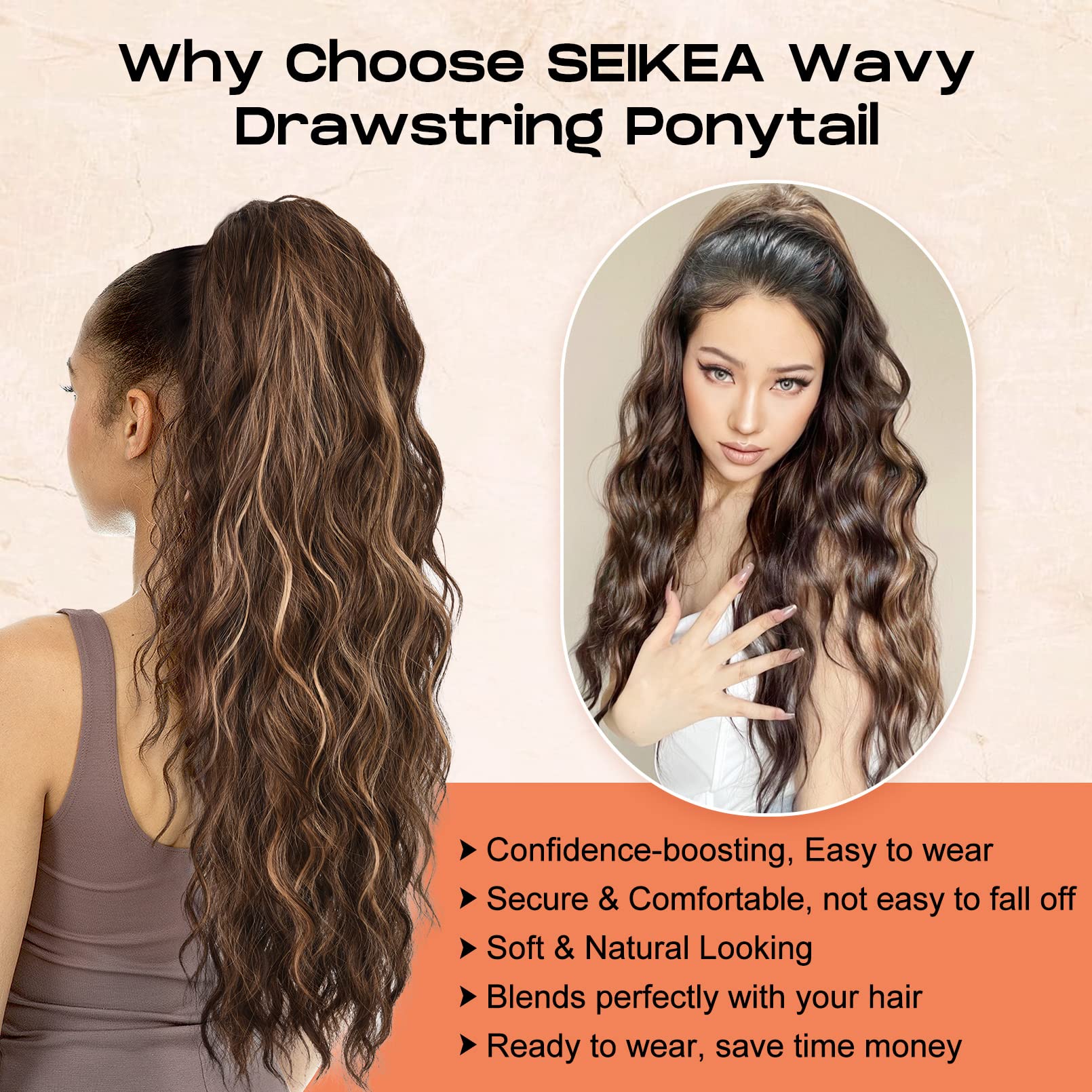 SEIKEA 26" Highlight Ponytail Extension,PT003 Eva Long Drawstring Ponytail Wavy Clip in Hair Extensions Ponytail Natural Soft Synthetic Hairpiece for Women Chocolate Brown with Blonde Highlights