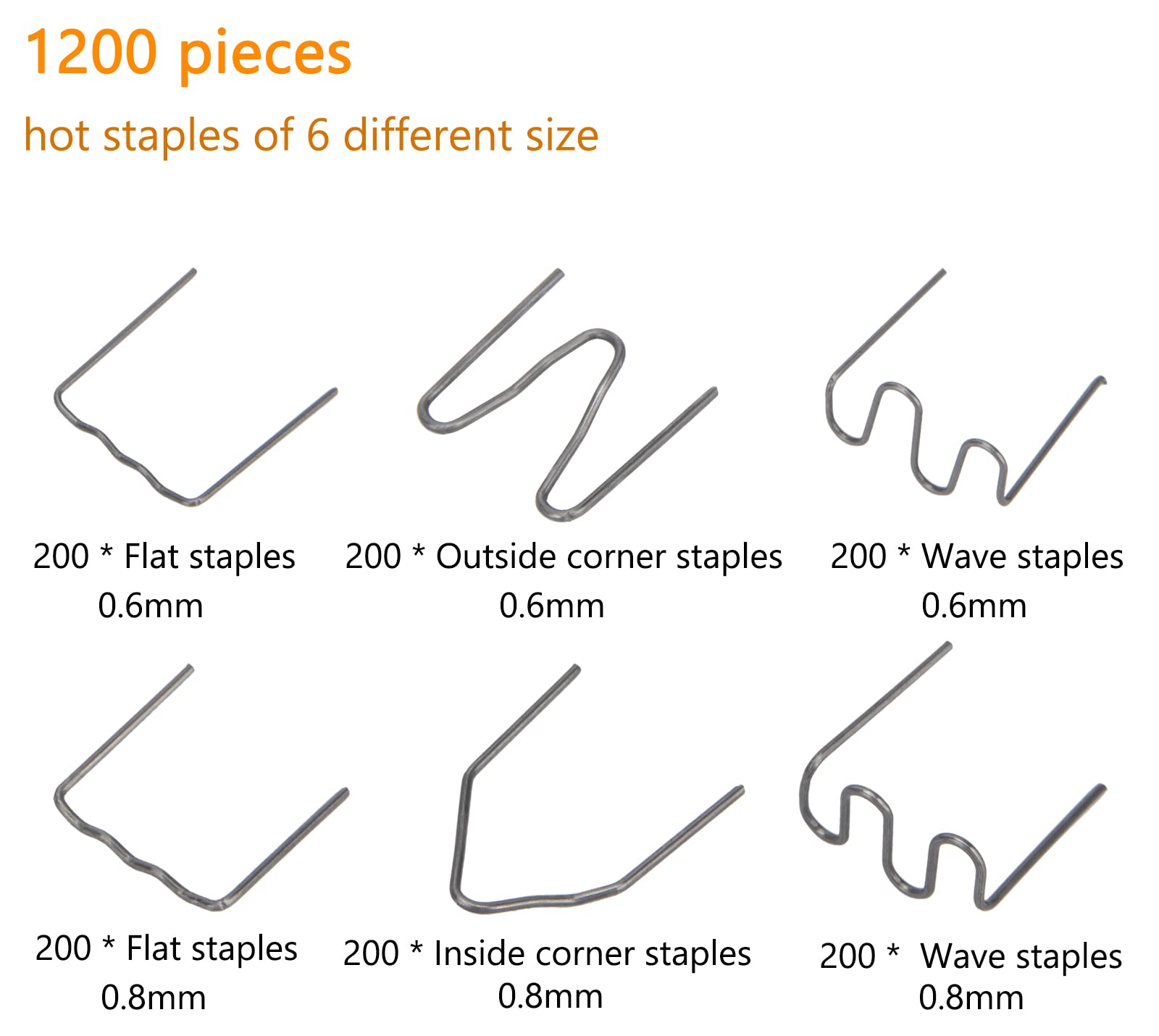 Plastic Welder Staples, 1200 pcs Hot Staples Plastic Repair Kit, Welding Hot Staples Wave, Corner & Flat for Repair Car Bumpers Hot Stapler Staples - Plastic Weld Hot Staples (0.8 0.6mm)