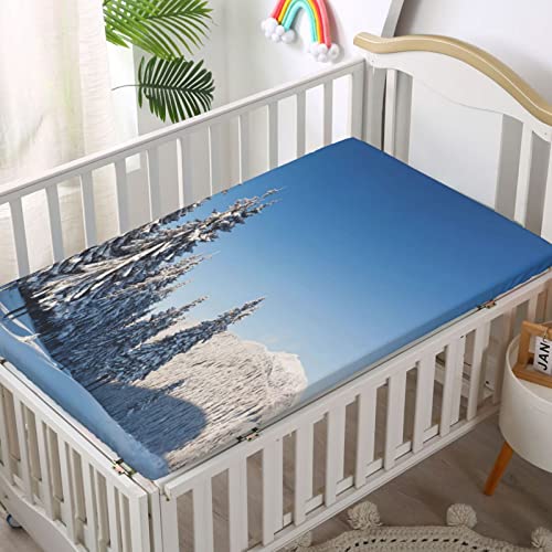 Snow Mountain Themed Fitted Crib Sheet,Standard Crib Mattress Fitted Sheet Soft Toddler Mattress Sheet Fitted-Crib Mattress Sheet or Toddler Bed Sheet,28โ x52โ,Sea Blue and Multicolor