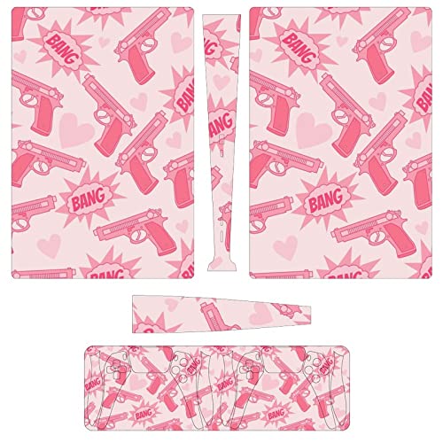 Pink Pattern with Gun Full Protective Skin Cover Design Wrap Decal Sticker Compatible with PS5 Digital Edition Console and Controller