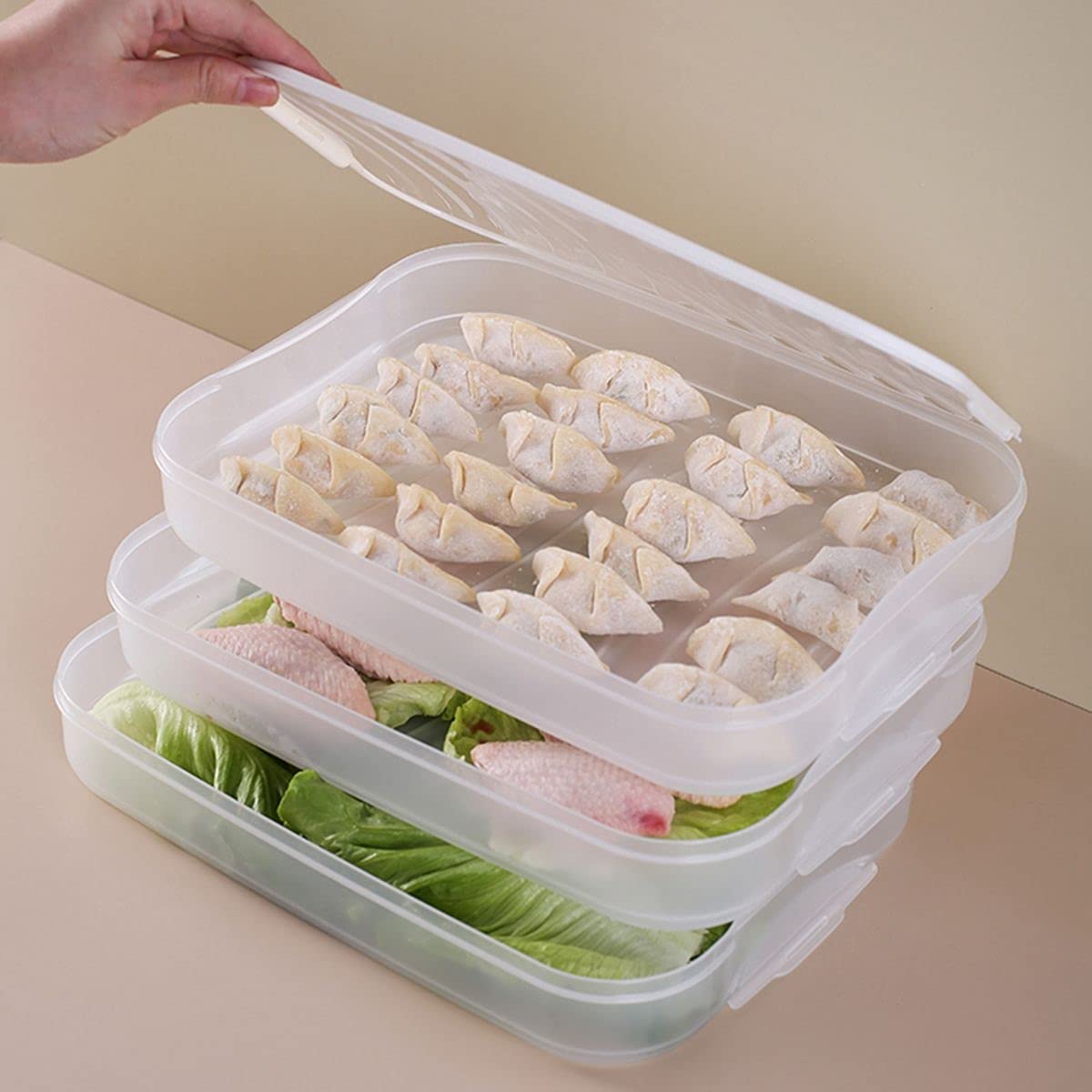 MinLia Multilayer Stackable Kitchen Food Storage Box with Cover Dumpling Fresh Box Food Holder Container Storage Tray(3-Layers,White)