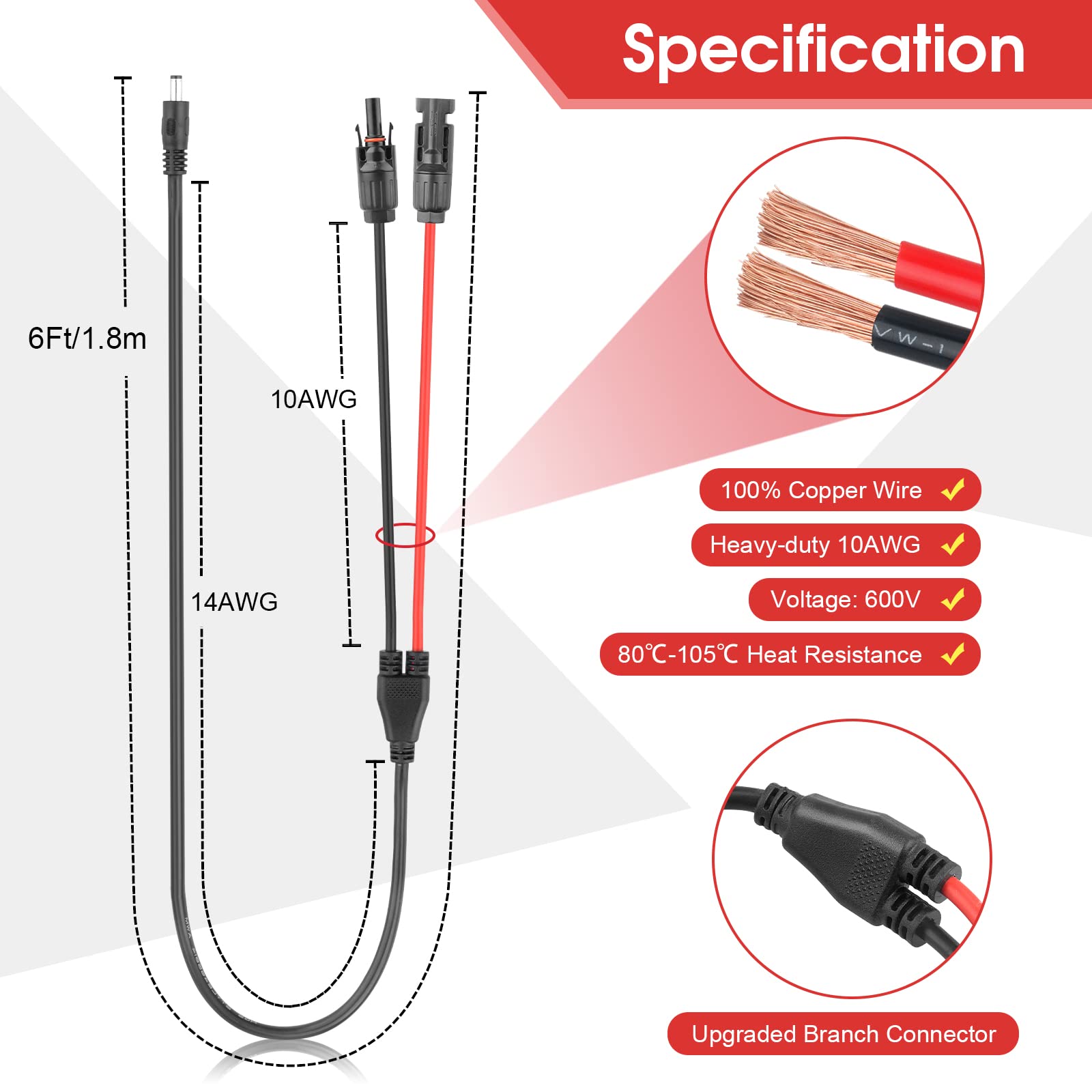 PAEKQ Solar Panel to 5.5x2.1mm Adapter Cable, DC 5.5x2.1mm Connector with DC 8mm, DC 5.5x2.5mm and DC 3.5x1.35mm Converter for Portable Power Station GZ Yeti Jackery Solar Generator- 14AWG 6Ft