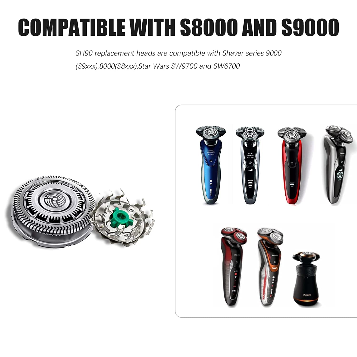 SH90 Replacement Heads for Philips Norelco Shavers Series 9000,Upgrade OEM SH90/72 replacement Heads, 6 pack