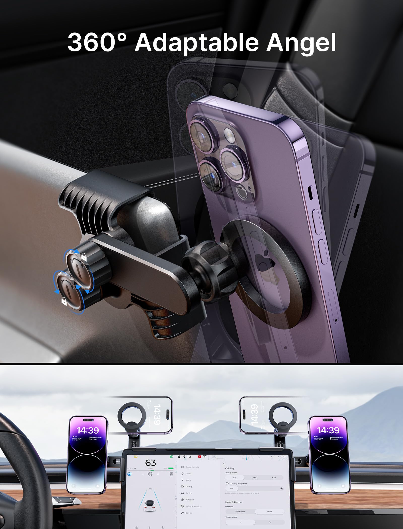 JSAUX Tesla Phone Mount, Mag-Safe Phone Holder Stand 【Screen-Locked with Base, Easy Installation】, Only Compatible with Tesla New Model 3 2023/Y/S/X, iPhone 15 Pro Max/15 Pro/15/14 and All Phones