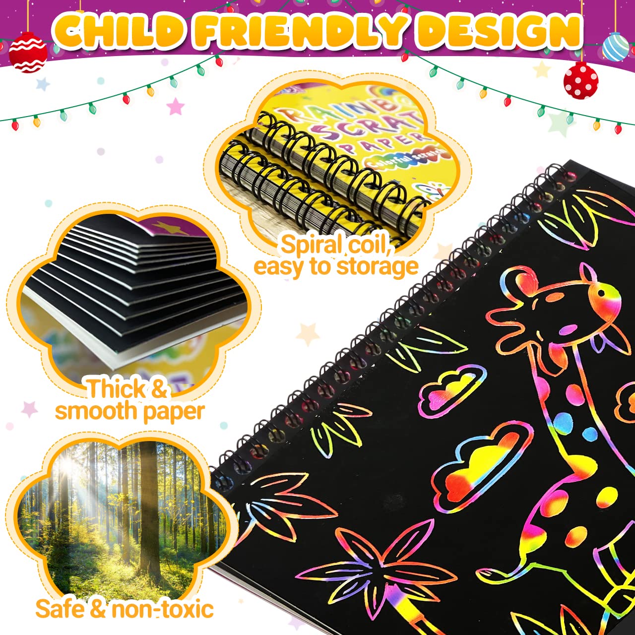 pigipigi 59 Pcs Rainbow Magic Scratch Off Art Crafts & 3 Pack Upgraded Rainbow Scratch Paper Notebook Black Magic Color Drawing Supplies Toy Set for 3-12 Year Old Boys Girls
