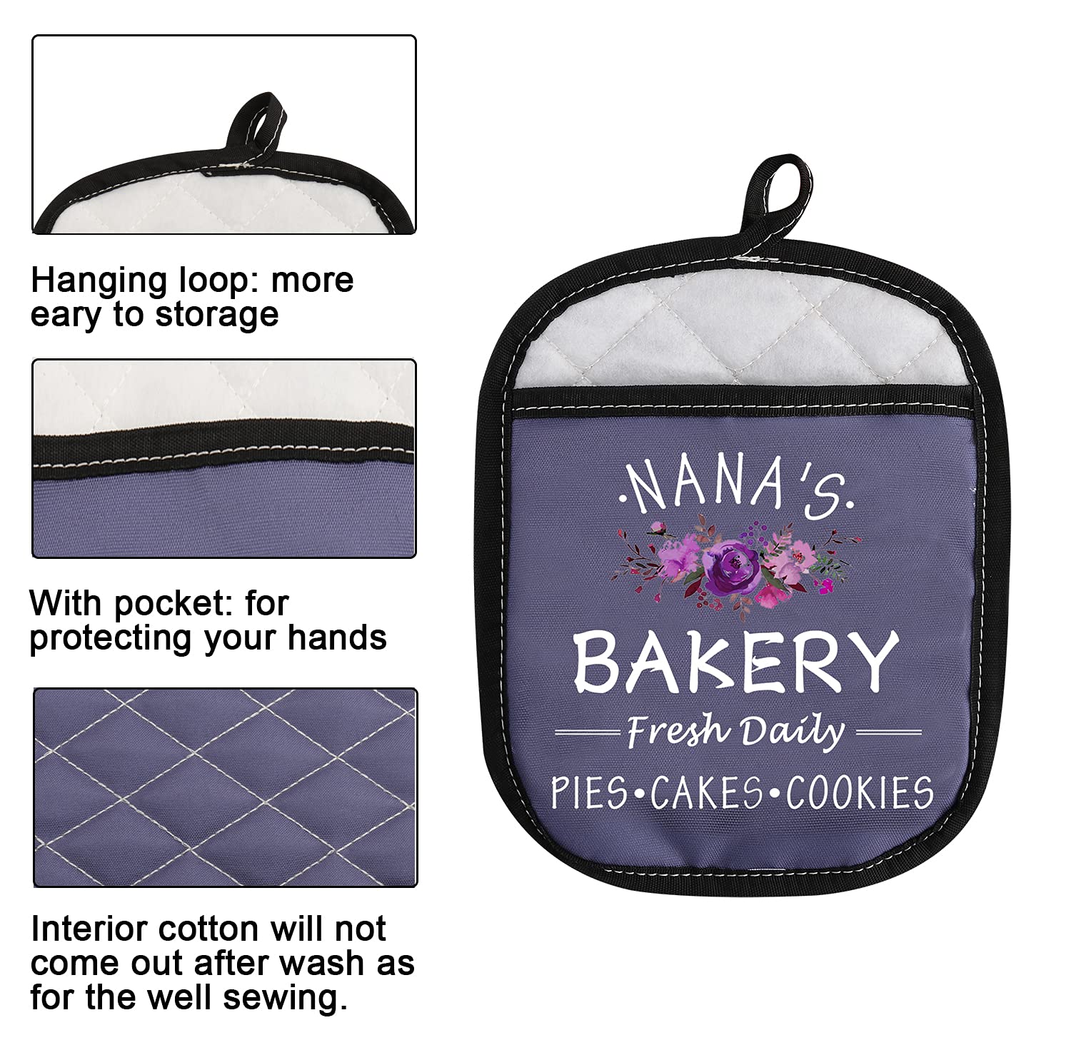 Nana Gift Nana’s Bakery Fresh Daily Pies Cakes Cookies Nana Oven Pads Pot Holder with Pocket (Nana's Bakery)