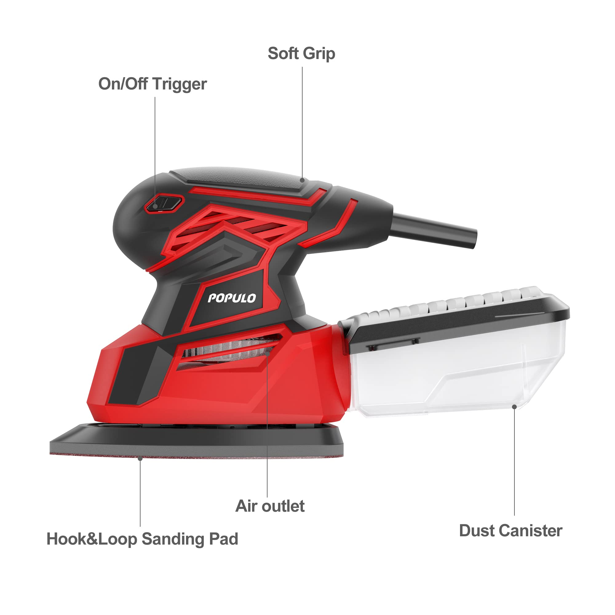 POPULO Electric Sander Tool,Hand Sander 14,000 OPM with 12 Pieces Sandpapers, Detail Sander with Dust Box for Woodworking,Suitable for Tight Spaces Sanding,Polishing,Removing Paint in Home Decoration
