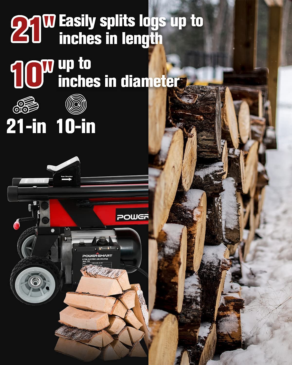 PowerSmart Log Splitter Electric, 6-Ton Hydraulic Log Splitter, 15 Amp Electric Log Splitter, Electric Wood Splitter, Horizontal Full Beam with Steel Wedge for Firewood Splitter Kindling Log Cutter