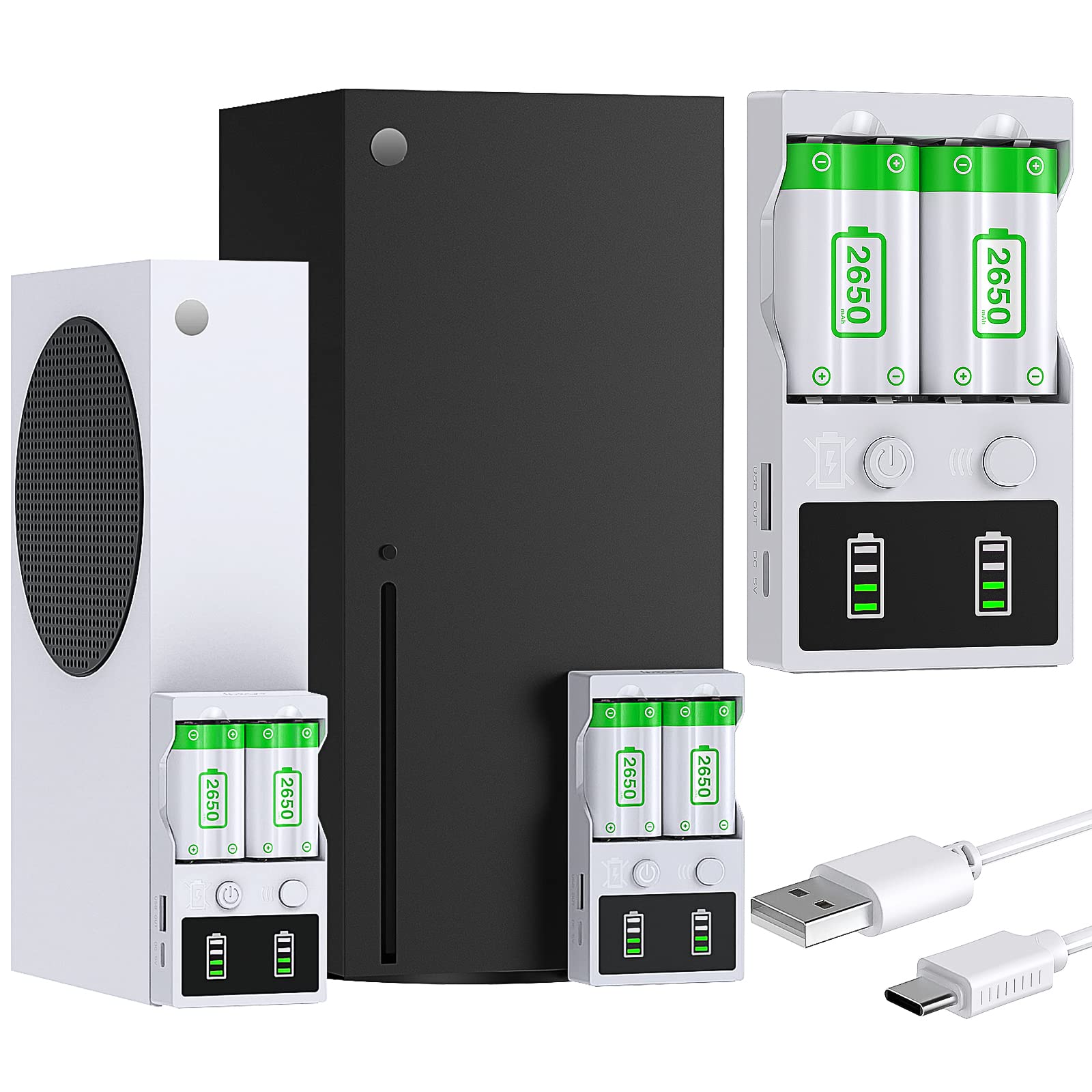 MENEEA 2x2650mAh Rechargeable Battery Packs with Charger for Xbox Series S/X,Xbox One,Xbox One S/X,Xbox One Elite Controller,High-Speed Charging Stand Dock Accessories Kit Connect for Xbox Series X|S