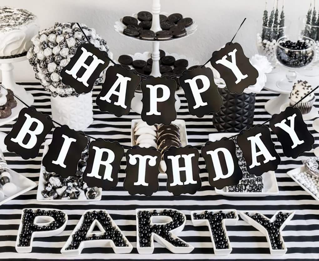 Large Black Happy Birthday Banner, Happy Birthday Bunting Sign with White Letters, Happy Birthday Decorations for Boys Women Men