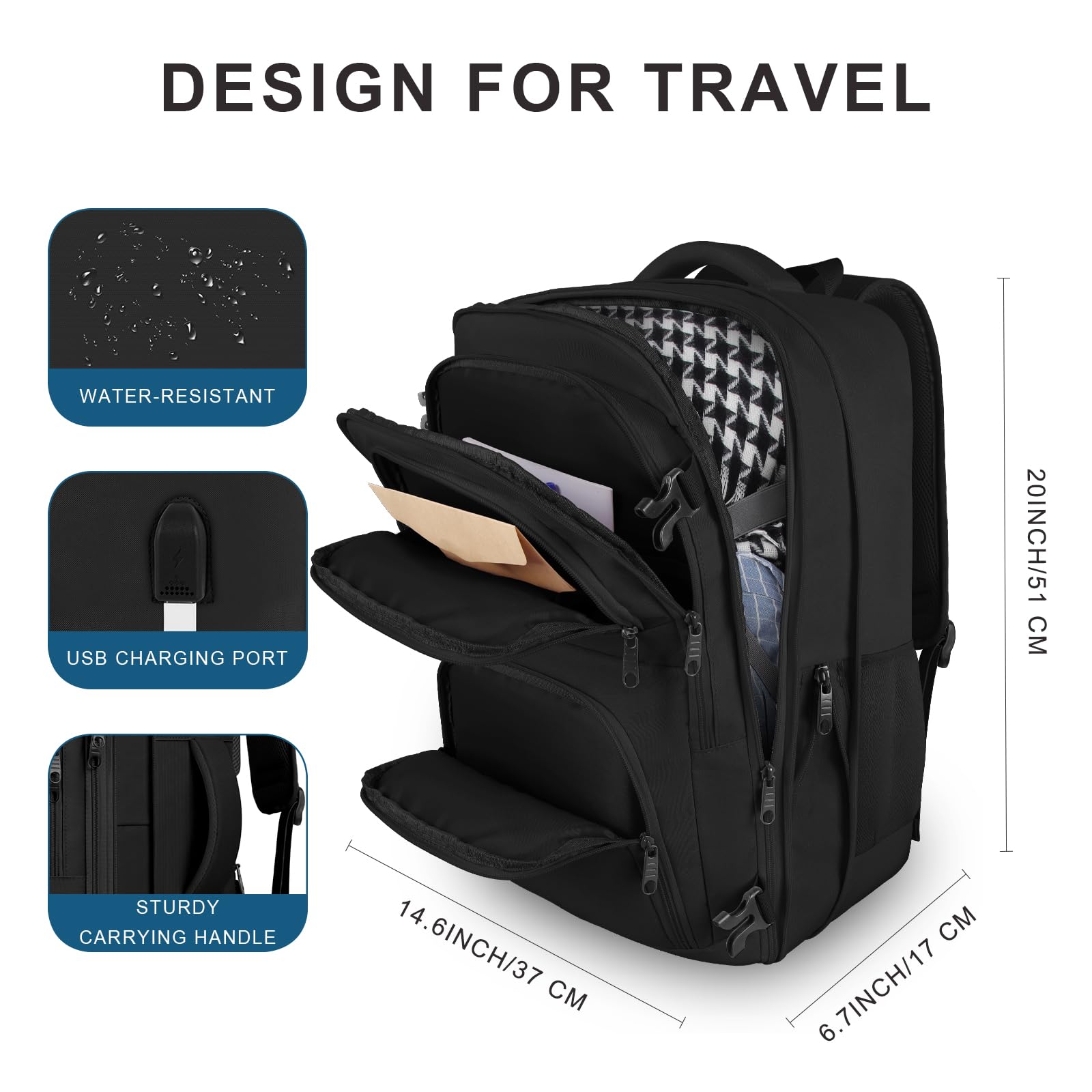 Large Travel Backpack, Carry On Backpack for Airplanes, 17 inch Laptop Backpack for Men, 45L Expandable Waterproof Backpack, Traveling Computer Backpack with USB Port, Teacher Travel Bag, Black