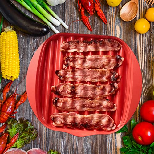 newkaijian Microwave Bacon Tray with Splatter Lid, Safety, Quick and with No Mess, Microwave Bacon Cooker Make Crispy Bacon in few Minutes(red)