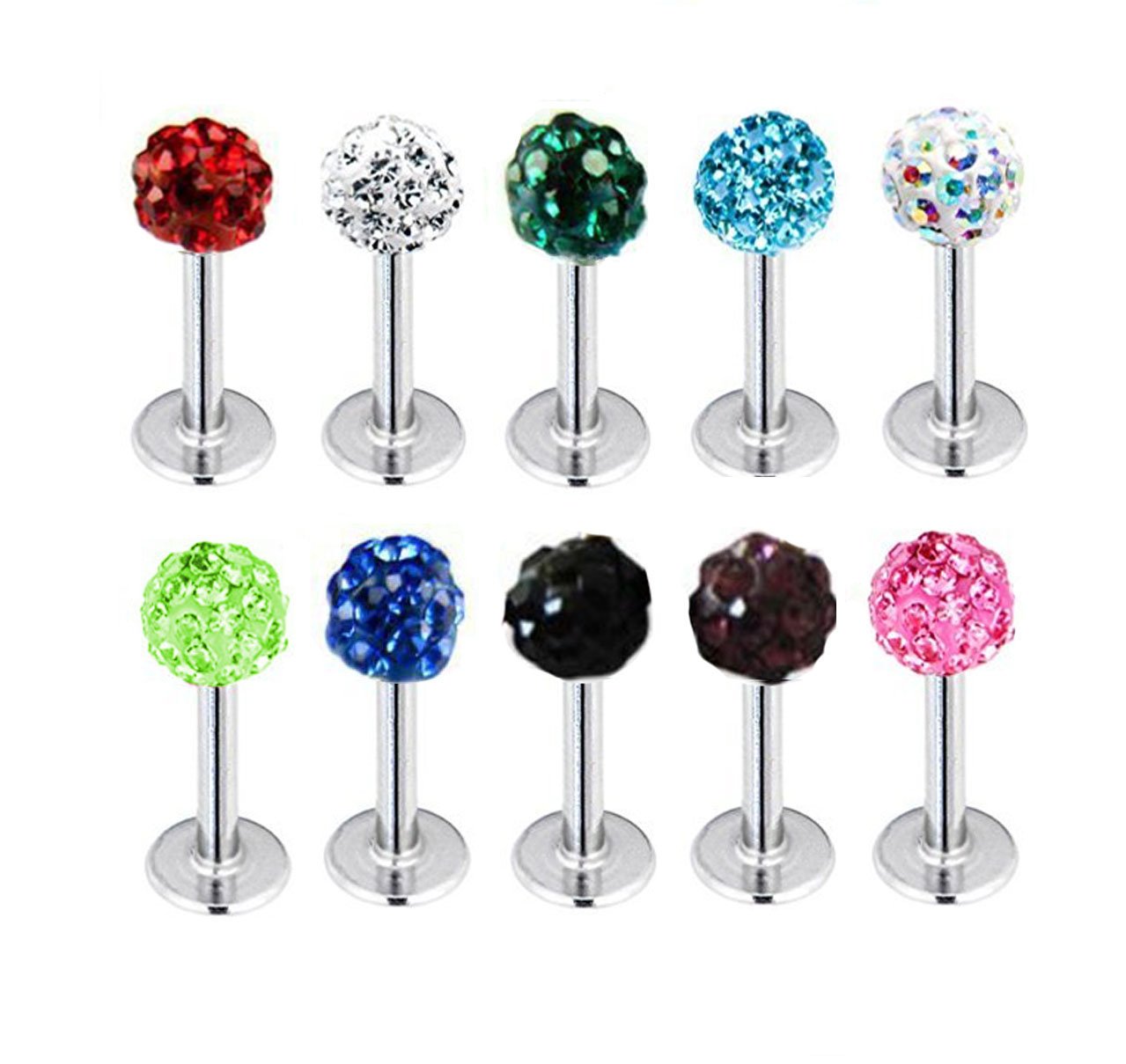 Honbay 10color Mixed Labret Ring,honbayTM 10pcs Mixed 16g Czech Crystal Lip Labret Ring Studs Monroe Stainless Steel Piercing