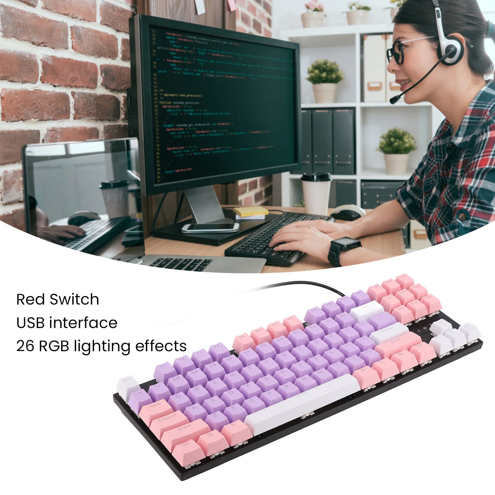 Septpenta Red Switch Mechanical Keyboard, 87 Keys Ergonomic Mechanical Gaming Keyboard, 26 RGB Lighting Effects, Full Key Conflict Free Design with Splash Proof Drainage Holes(Purple Pink White)