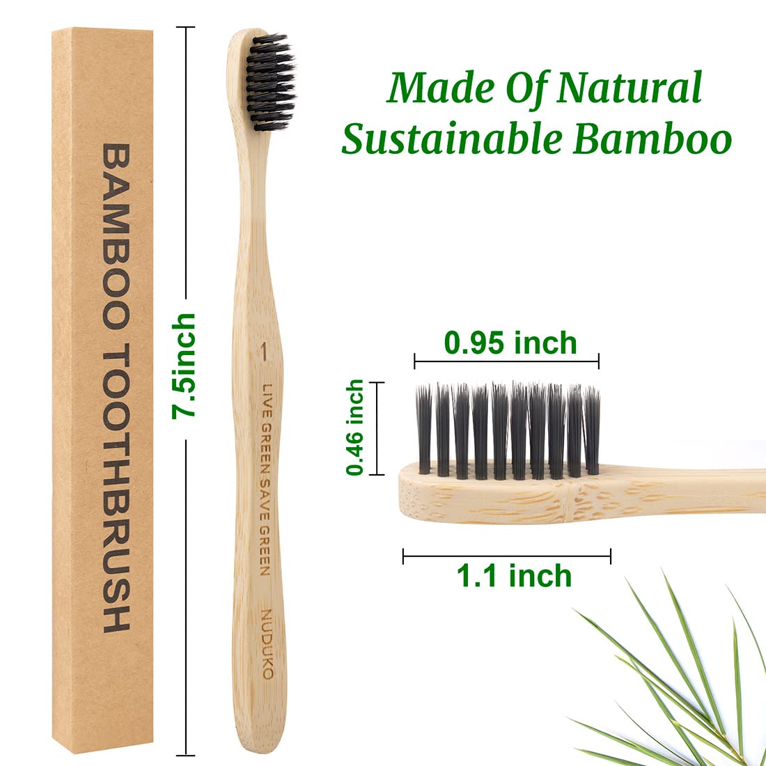 NUDUKO Biodegradable Bamboo Toothbrushes, Wooden Toothbrush 10 Pack, Multicolor BPA Free Soft Bristles Tooth Brush, Eco-Friendly Natural Green and Compostable Tooth Brushes
