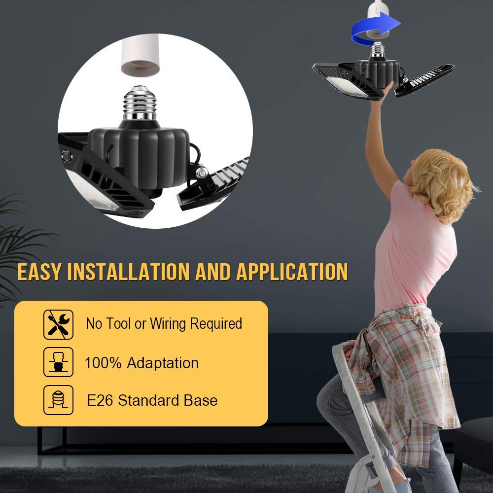 LED Garage Ceiling Light - Merece Upgraded 80W Garage Light Bulb 8000LM E26 Deformable Three Leaf Garage Light, Adjustable Tribright Led Garage Lighting for Shop Warehouse Basement (No Sensor,Black)