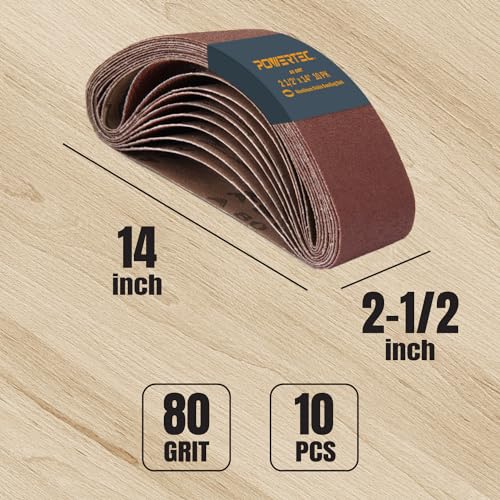 POWERTEC 401408 2-1/2 x 14 Inch Sanding Belts, 80 Grit Aluminum Oxide Belt Sander Sanding Belt for Porter Cable 371 & 371K Belt Sander, Wood & Paint Sanding, Metal Polishing, 10PK