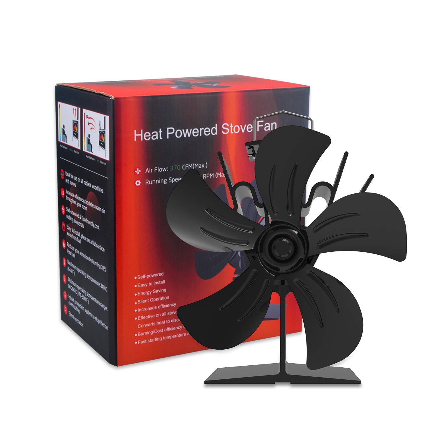 KINDEN Wood Stove Fan 5-Blade - Heat Powered Log Burner Eco-Friendly with Stove Thermometer (Aluminium Black, Large Size) Patent Pending