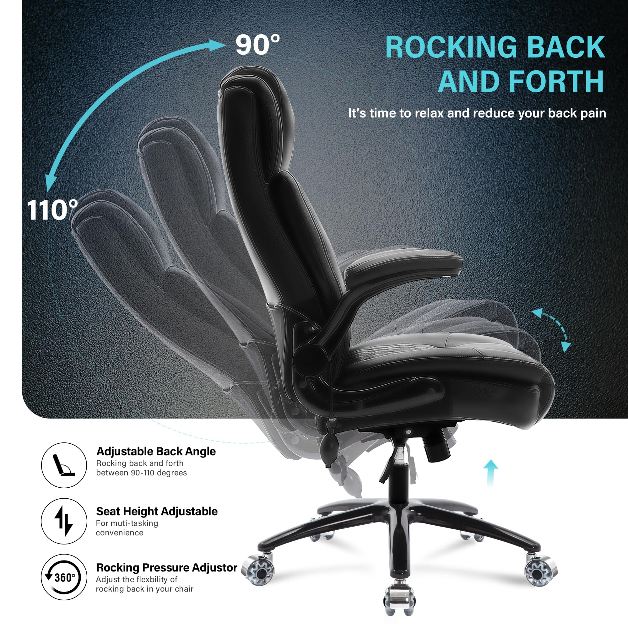 Large High Back Office Chair - Adjustable Lumbar Support Flip Up Arms Heavy Duty Quiet Wheels Metal Base Breathable Bonded Leather Ergonomic Executive Computer Desk Chair with Storage Bags, Black