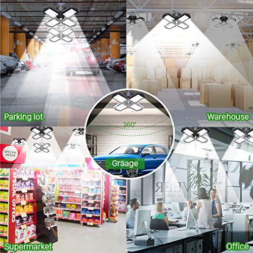 LED Garage Light,60W Four Leaf Tribright Deformable LED Lights, 6000 Lumen Quadruple Glow LED Garage Light, CRI 80, 6000K Retractable Garage Ceiling Light for Warehouse, Basement, Barn (Black-2 Pack)