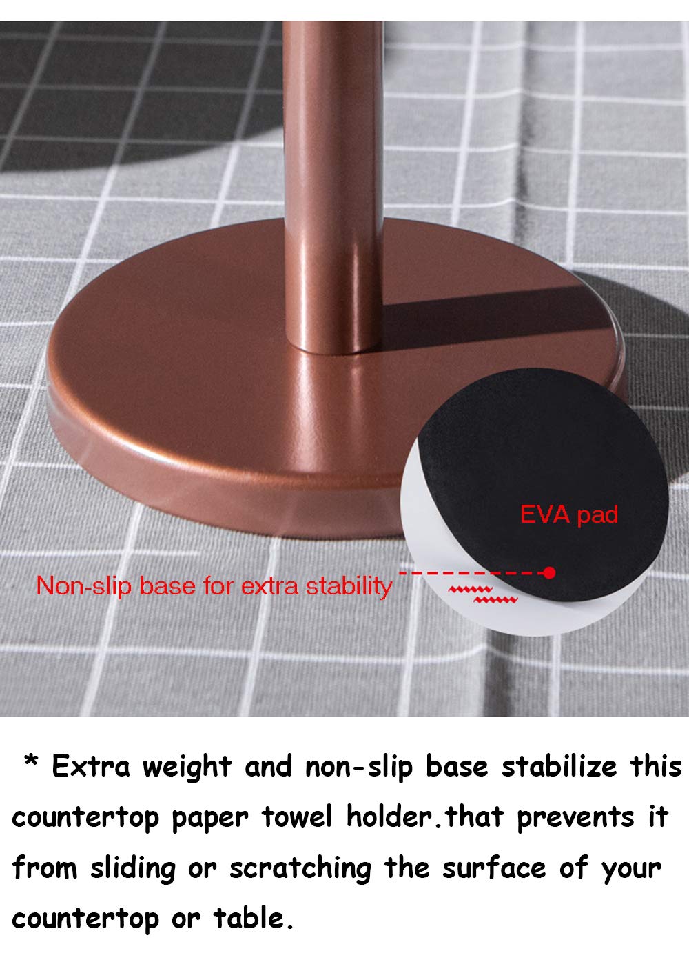 Mornenjoy Modern Stand Up Paper Towel Holder,Single Tear Papertowel Roll Stand with Stable Wide Base,Paper Towel Dispenser for Kitchen Countertop/Dinner Table/Bathroom (Round Head,Copper)
