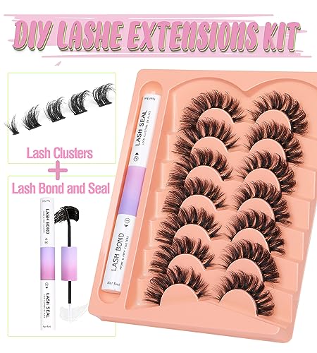 Lvmixwig Eyelash Extension Kit Cluster Lashes Extension Kit with Lash Bond and Seal Strong Hold D Curl Lash Cluster Fluffy Cat Eye Natural Look Individual Lashes Extension Kit DIY at Home