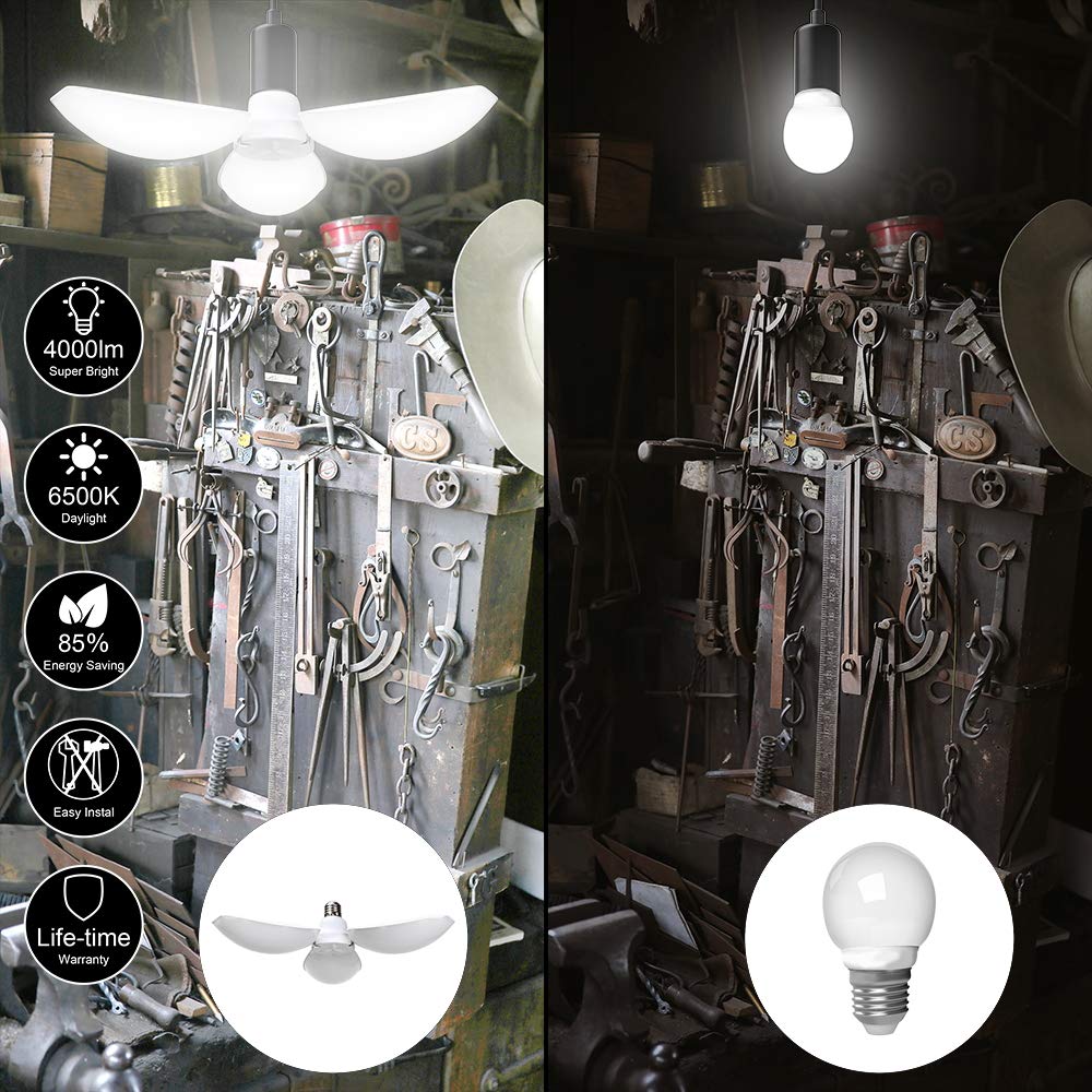LED Garage Lights - 4000LM Super Bright Adjustable Garage Ceiling Light Bulbs, E26 Base, 45W Deformable Garage Lighting LED Shop Lights for Garage,Working Light for Warehouse Workshop Basement