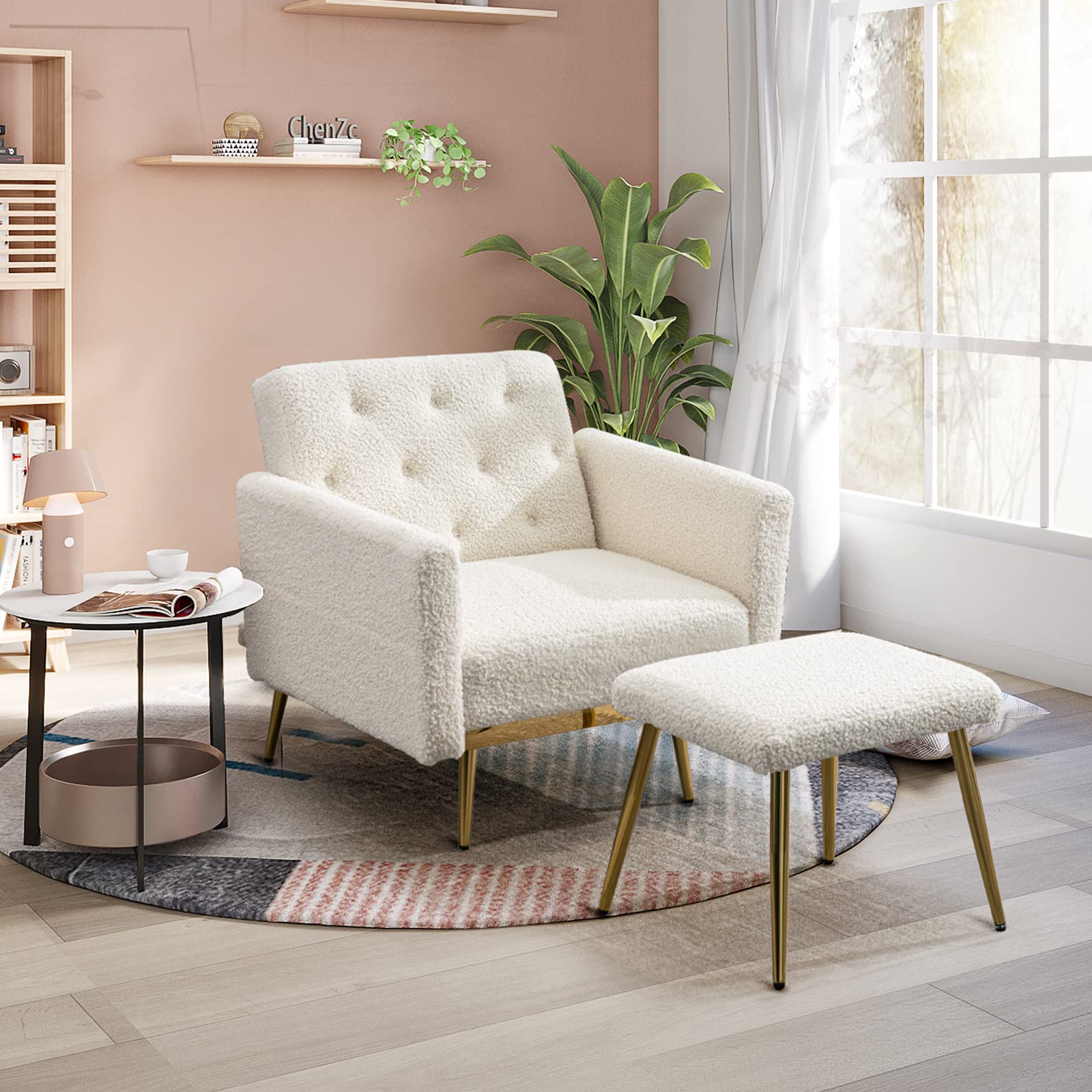 KINFFICT Velvet Accent Sofa Chair with Ottoman, Upholstered Comfy Lounge Armchair with Adjustable Armrests and Backrest, Living Room Single Recliner with Tufted Button Back, Cream White Teddy