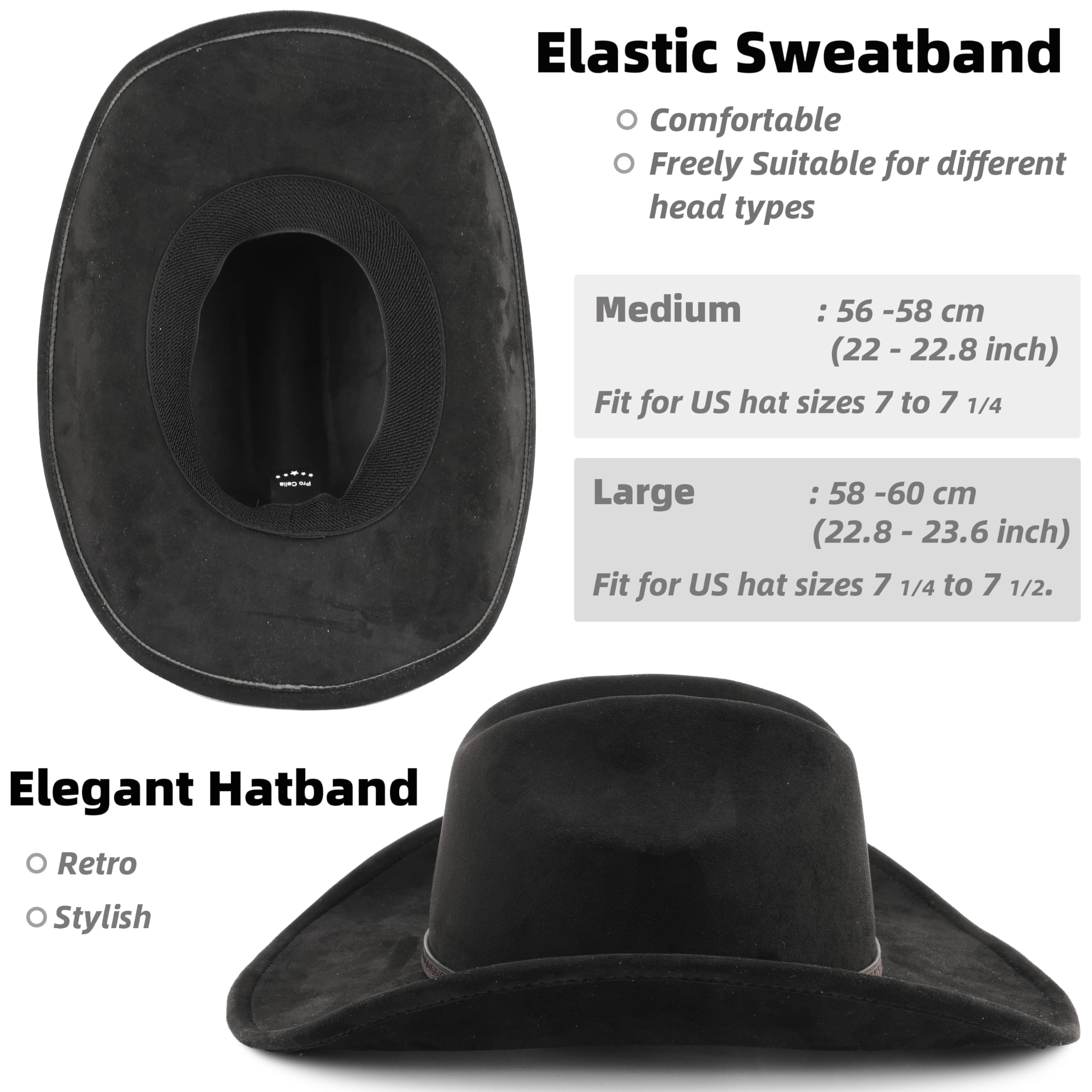 Pro Celia Big Wide Brim Cowboy Hat for Women Men Felt Western Cowgirl Hats (US, Alpha, Medium, Belt-Black)