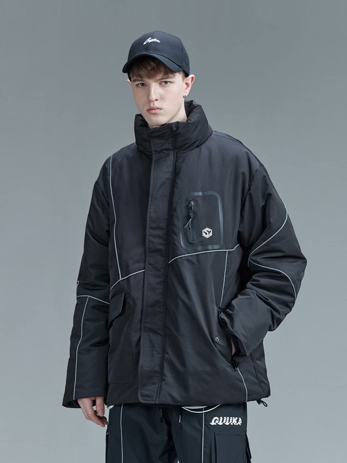 OSHHO Jackets for women - Men Reflective Letter Graphic Contrast Piping Winter Coat (Color : Black, Size : Small)