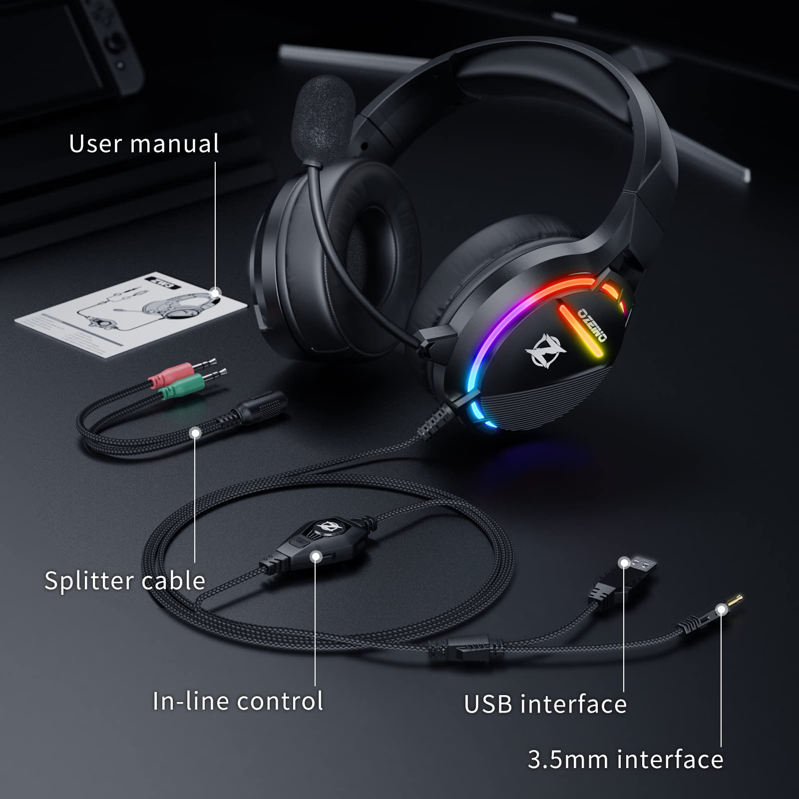 Ozeino Gaming Headset for PS4 PS5 Xbox Series X|S, Xbox One, 3D Stereo Surround Headset with Microphone, Lightweight Comfortable, RGB Dynamic Lighting Gaming Headphones for PC, Switch, Laptop, Mobile