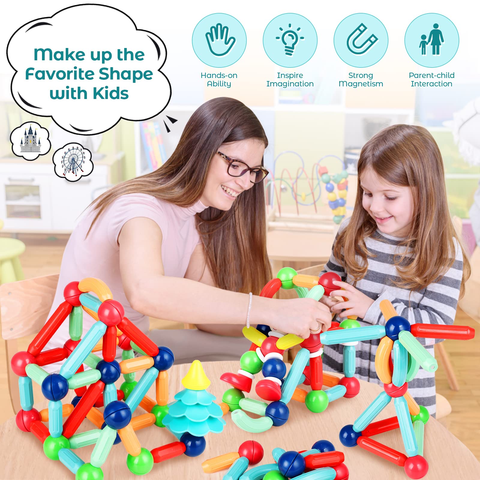 Ragstone Magnetic Building Sticks Blocks, 130Pcs 3D Educational STEM Toys Learning Magnet Construction Toy for Boys Girls