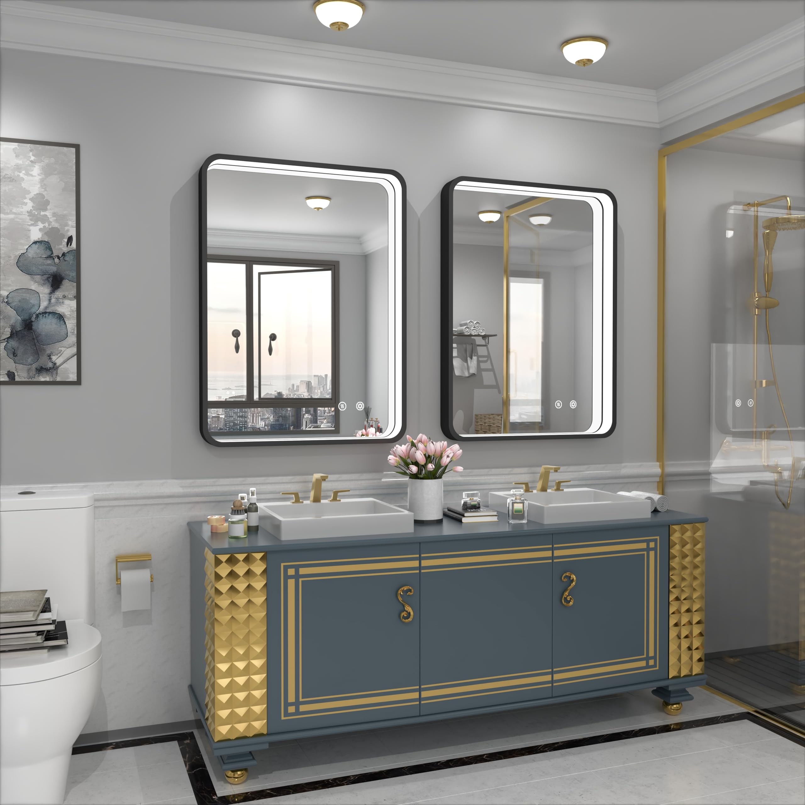 JSneijder 2-Piece(Frameless+Framed) Bathroom LED Mirror, 24x32 Inch, Wall Mounted Anti Fog Dimmable Lighted Mirror for Bedroom