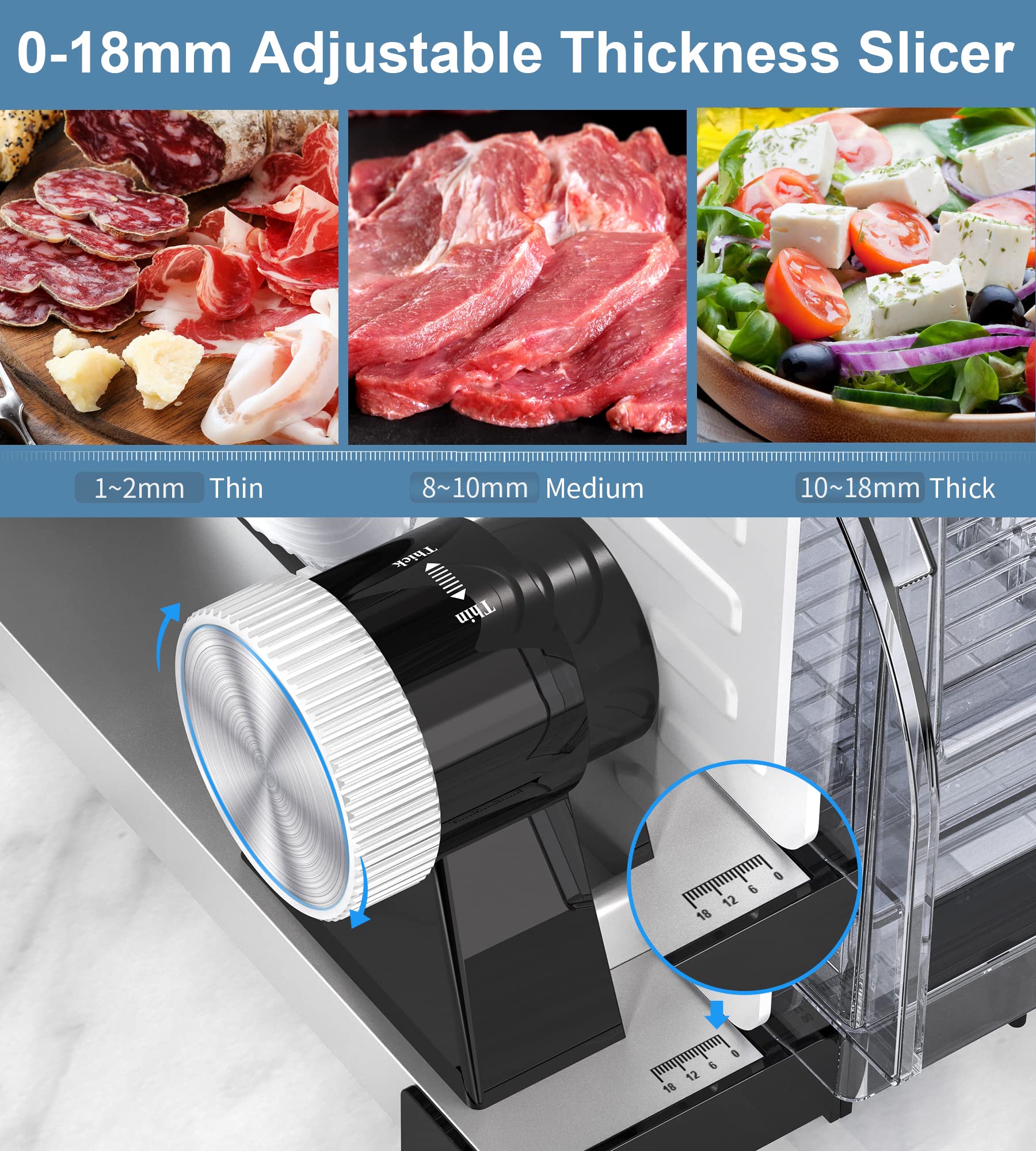 Meat Slicer, Electric Deli Meat Slicer for Home Facelle, 0-18mm Adjustable Thickness Electric Food Slicer Machine with Removable Stainless Steel Blades, Foldable and easy to store