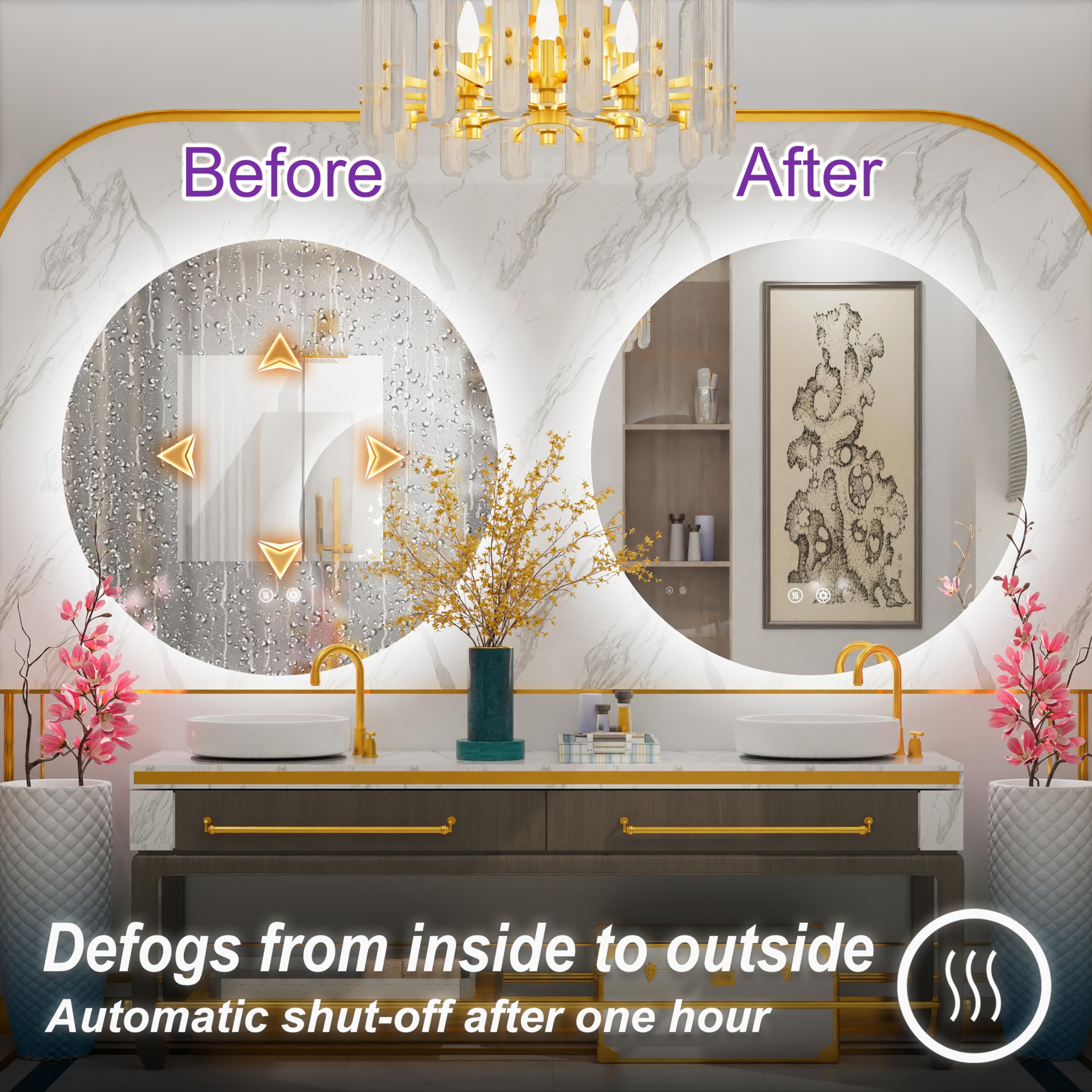 JSneijder 2-Piece LED Bathroom Mirror 32 Inch Backlit Round Mirror & 28x36 Inch Rectangular Mirror, Wall Mounted Dimmable Anti-Fog