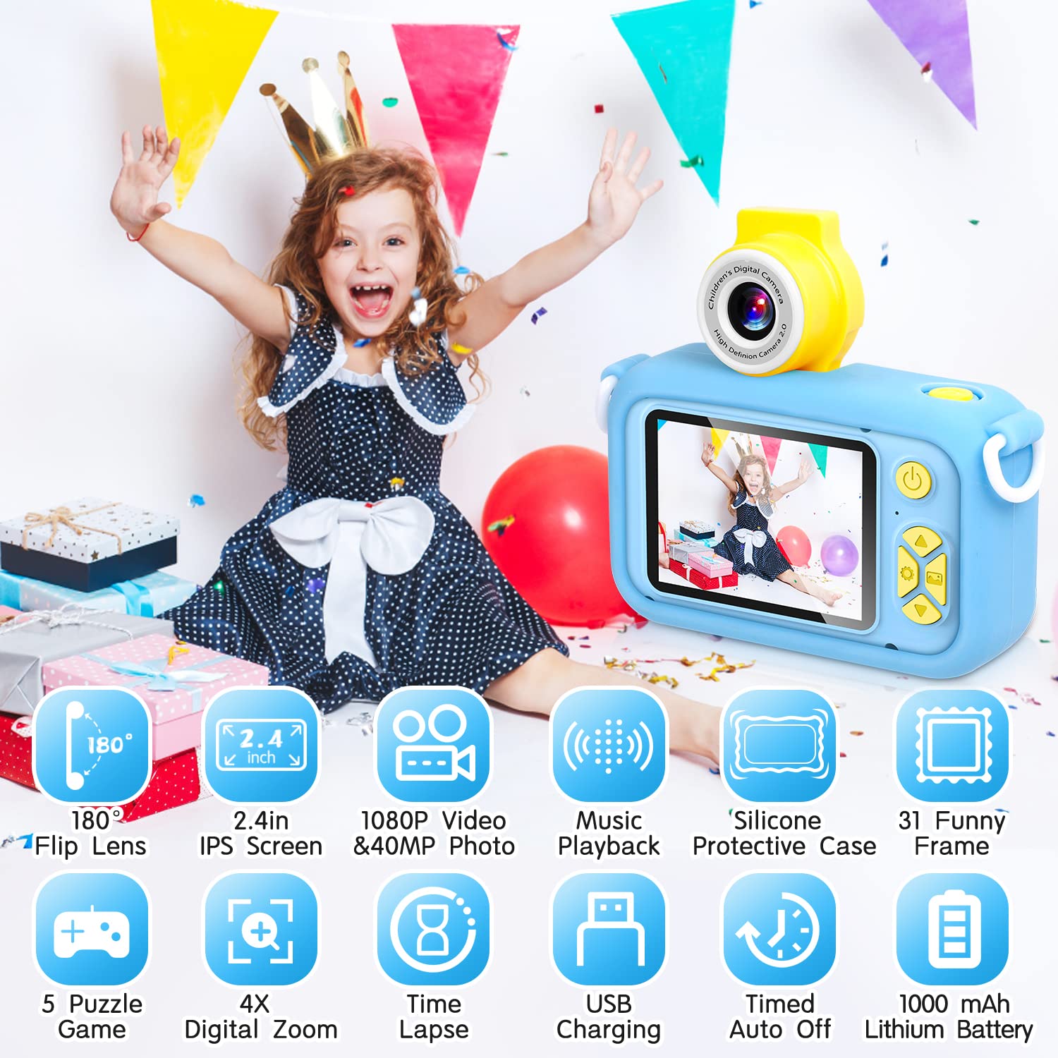 Kids Camera with 180° Flip-Up Lens, 2.4inch HD IPS Screen Digital Camera for Kids with Astronaut Silicone Case, with 32GB SD Card