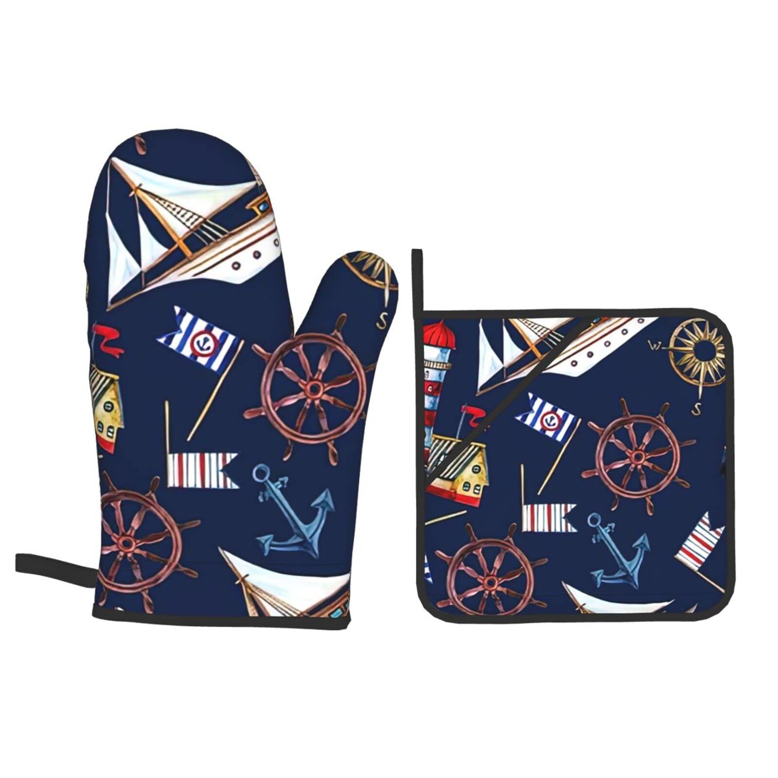 Nautical Sailboat Anchor Lighthouse Oven Mitts and Pot Holders Sets of 4,Non-Slip Heat Resistant Oven Gloves for Baking Cooking Grilling BBQ