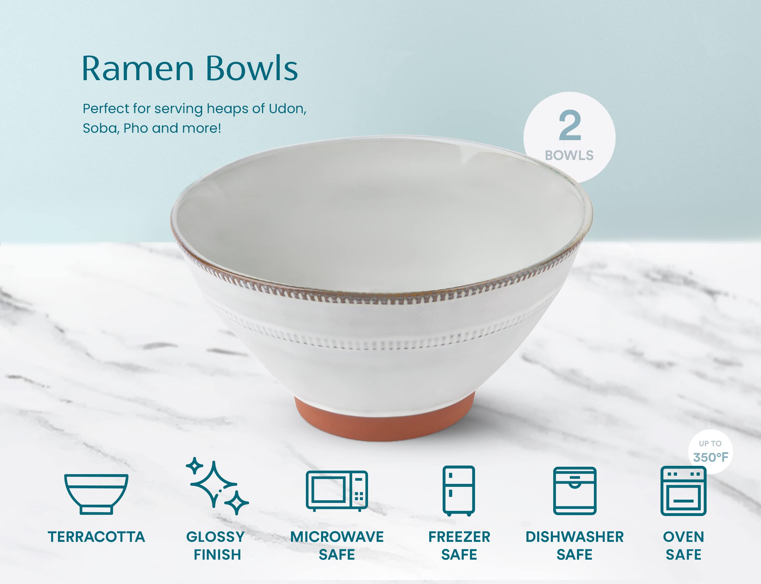 KooK Ramen Bowls, Terracotta Japanese, Microwavable, Dishwasher Safe, for Rice, Udon, Soba, Pho, 36 oz, with One Set of Wooden Chopsticks, Set of 2 (Cloudy White)
