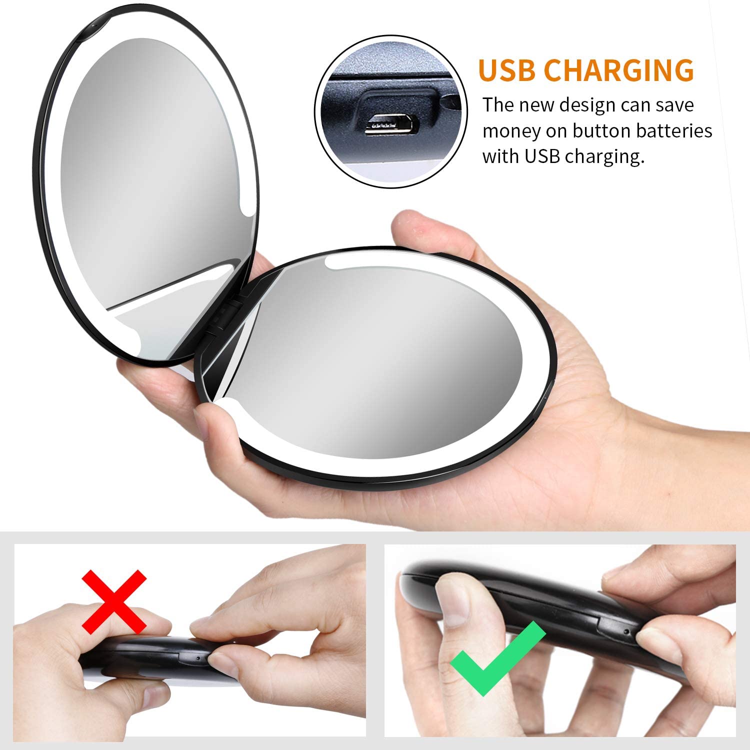 LED Lighted Travel Makeup Mirror Foldable, Dual Sided Vanity Mirror with Lights Portable Compact Illuminated Folding Tabletop Cosmetic Mirror, 1x/5x Large 4.9β Handheld Magnification Pocket Mirrors