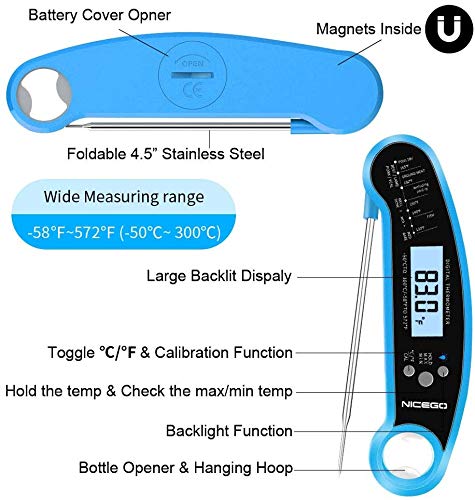 NiceGo Digital Instant Read Meat Thermometer with Probe Fast Waterproof Thermometer with Back Light and Calibration. Digital Food Thermometer for Cooking, Kitchen, Outdoor Cooking, BBQ Grill. (Blue)