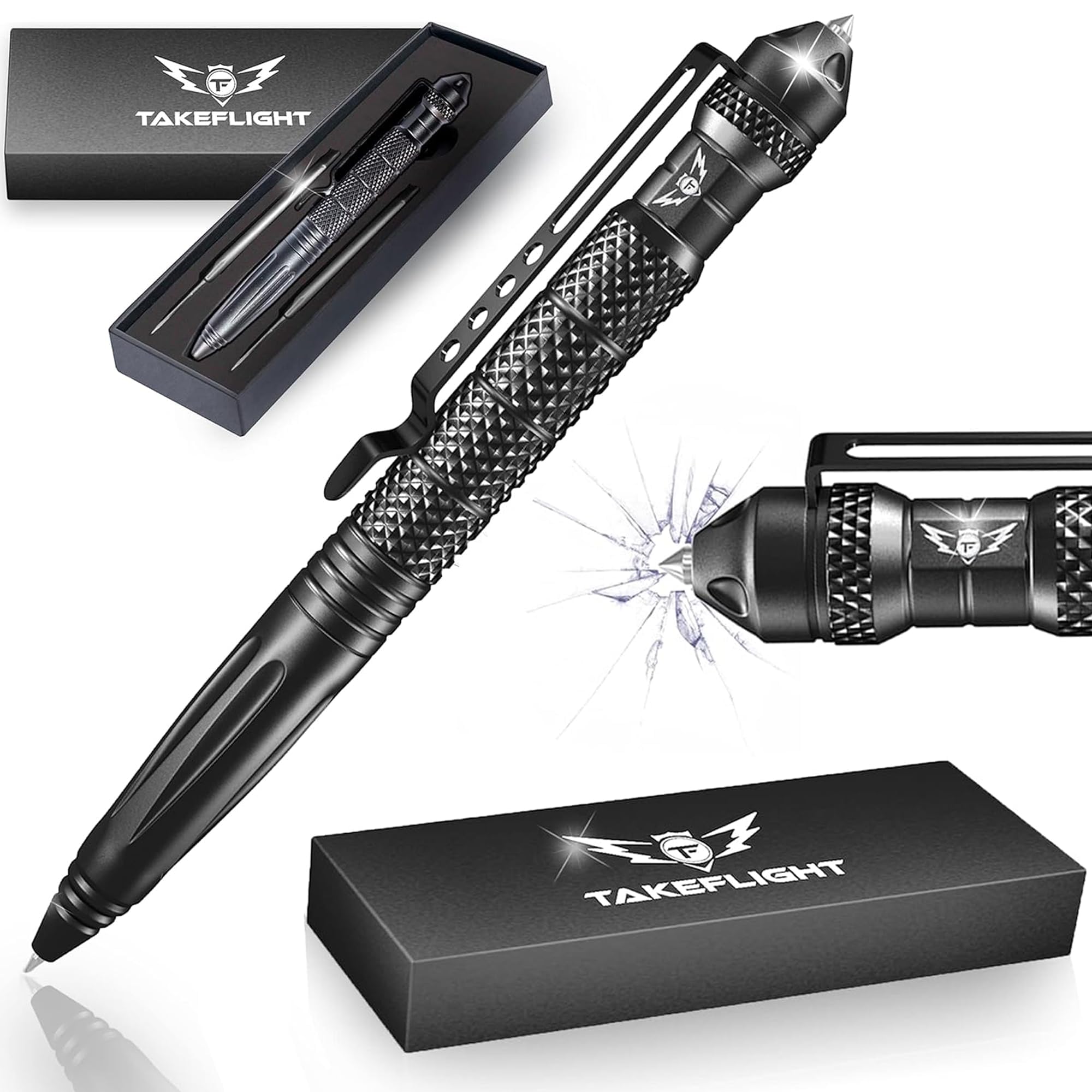 TF TAKEFLIGHT Tactical Pen Multitool, Diamond Thread Grip, Strong Rugged Aircraft Grade Aluminum EDC Survival Gear, Pocket Military Style Writing Glass Breaker for Men, Ideal Gift for Dad, Black…